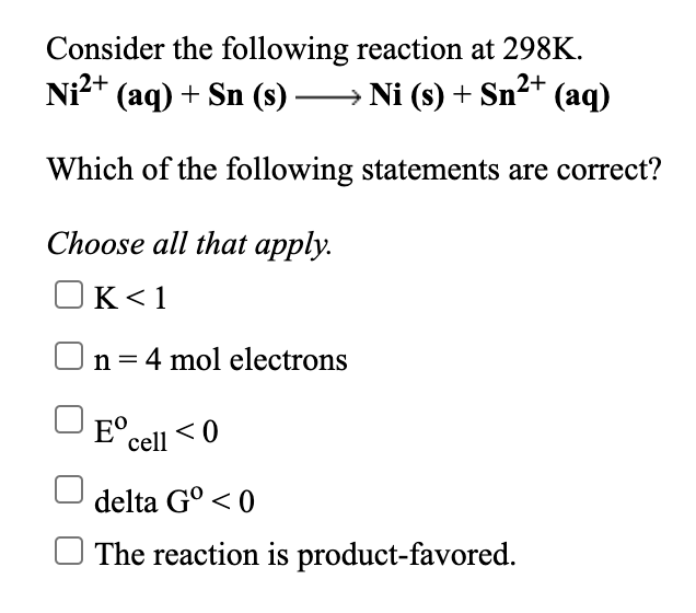 Solved Consider the following reaction at 298K. Ni2+ (aq) + | Chegg.com