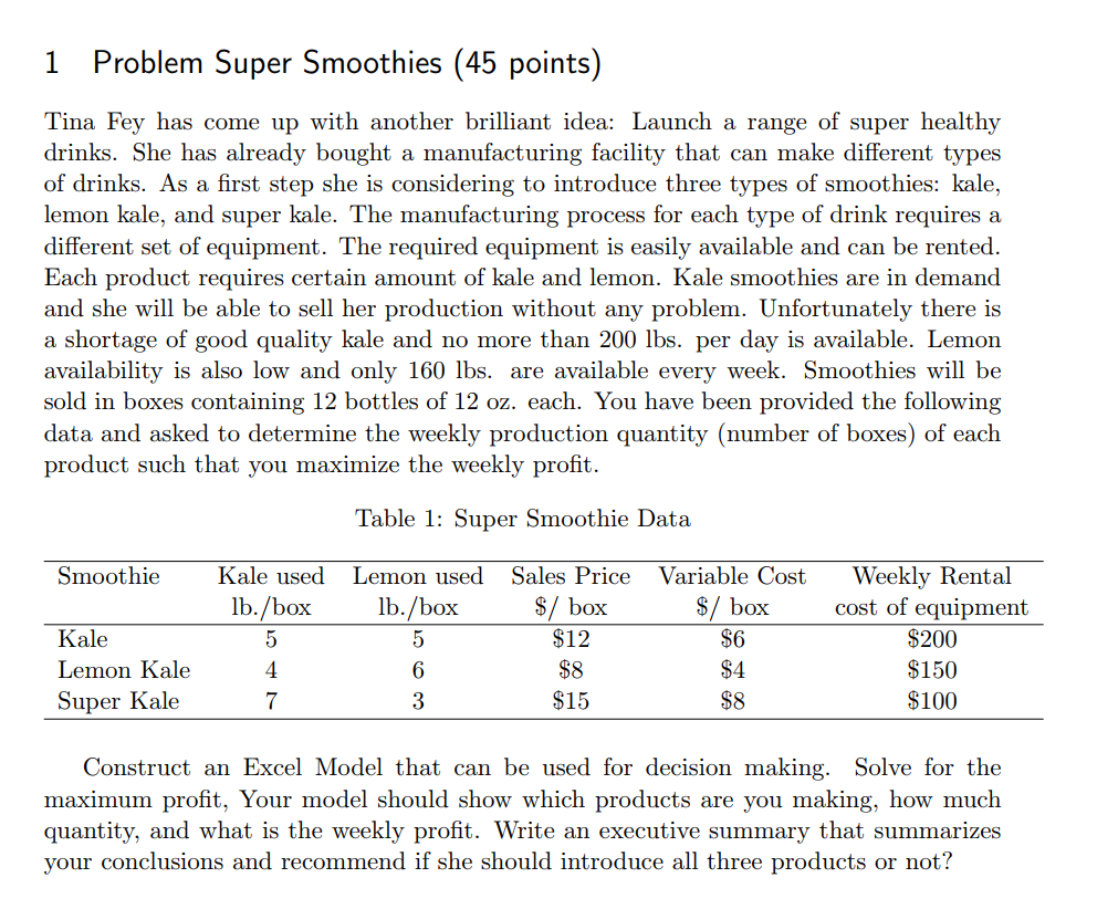 Solved 1 Problem Super Smoothies (45 points) Tina Fey has | Chegg.com