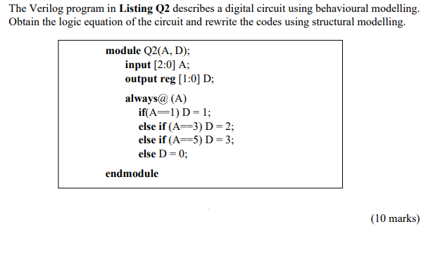 Solved The Verilog program in Listing Q2 describes a digital | Chegg.com