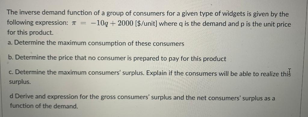 Solved The inverse demand function of a group of consumers | Chegg.com
