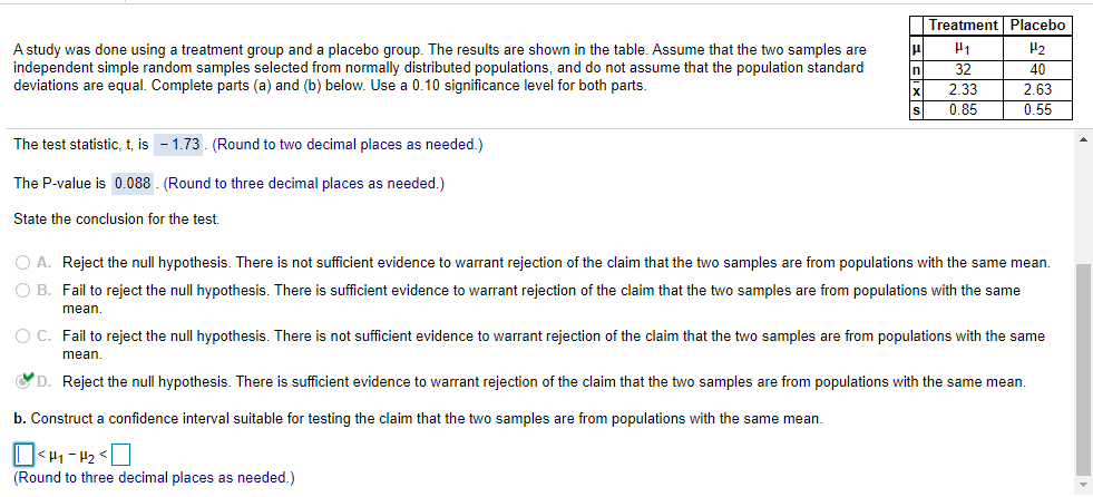 Solved Construct A Confidence Interval Suitable For Testing 1293