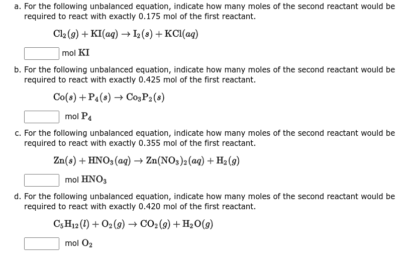 Solved a. For the following unbalanced equation, indicate | Chegg.com