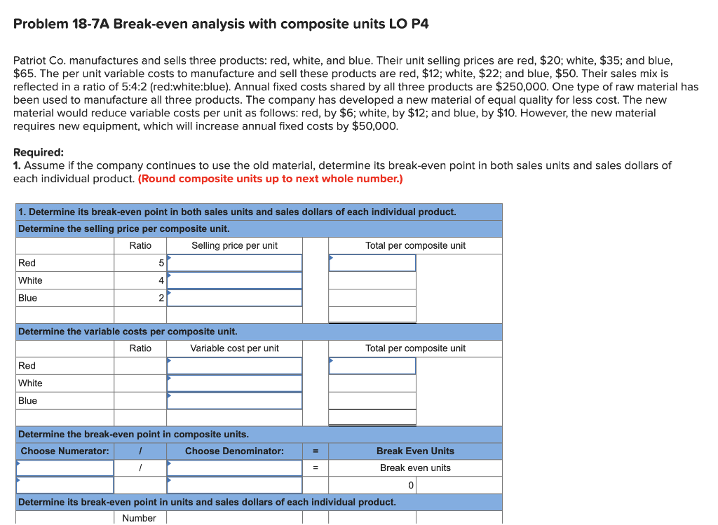 Solved Problem 18-7A Break-even analysis with composite | Chegg.com