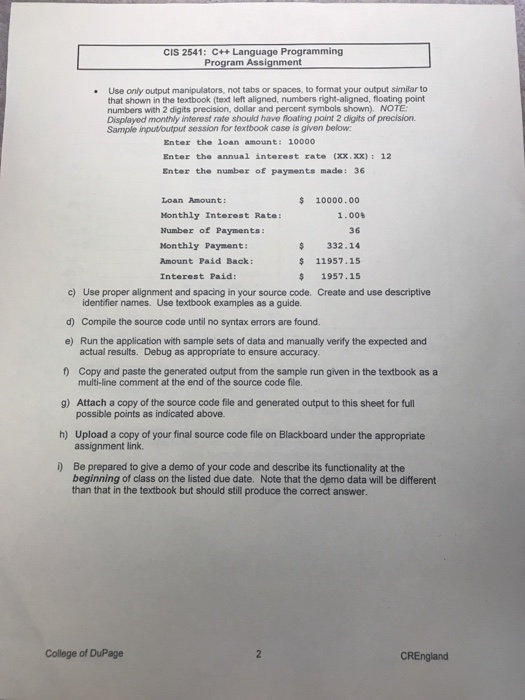 Solved CIS 2541: C+ Language Programming Program Assignment | Chegg.com