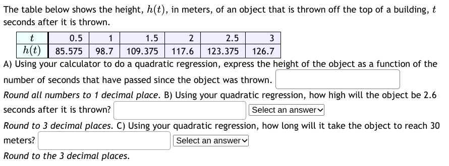 Solved The Table Below Shows The Height H T in Meters