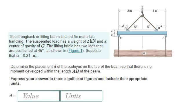 Solved 3 m es 3 m 45° 45° E The strongback or lifting beam | Chegg.com
