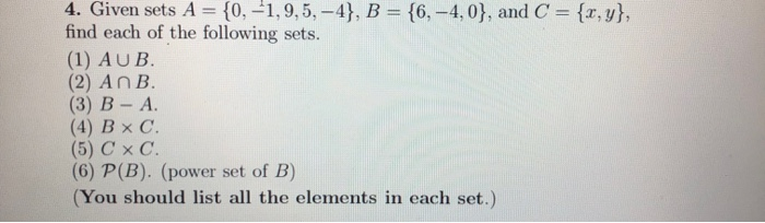 Solved A- 4. Given sets find each of the following sets. (1) | Chegg.com