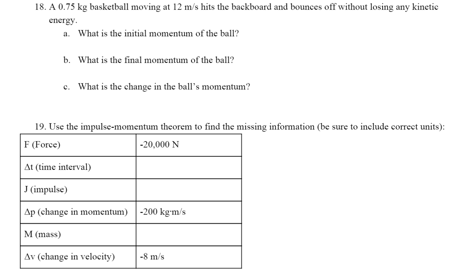 Solved 18. A 0.75 kg basketball moving at 12 m/s hits the | Chegg.com