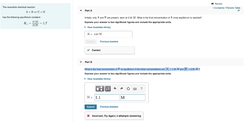 Solved Review The reversible chemical reaction I Constants I | Chegg.com