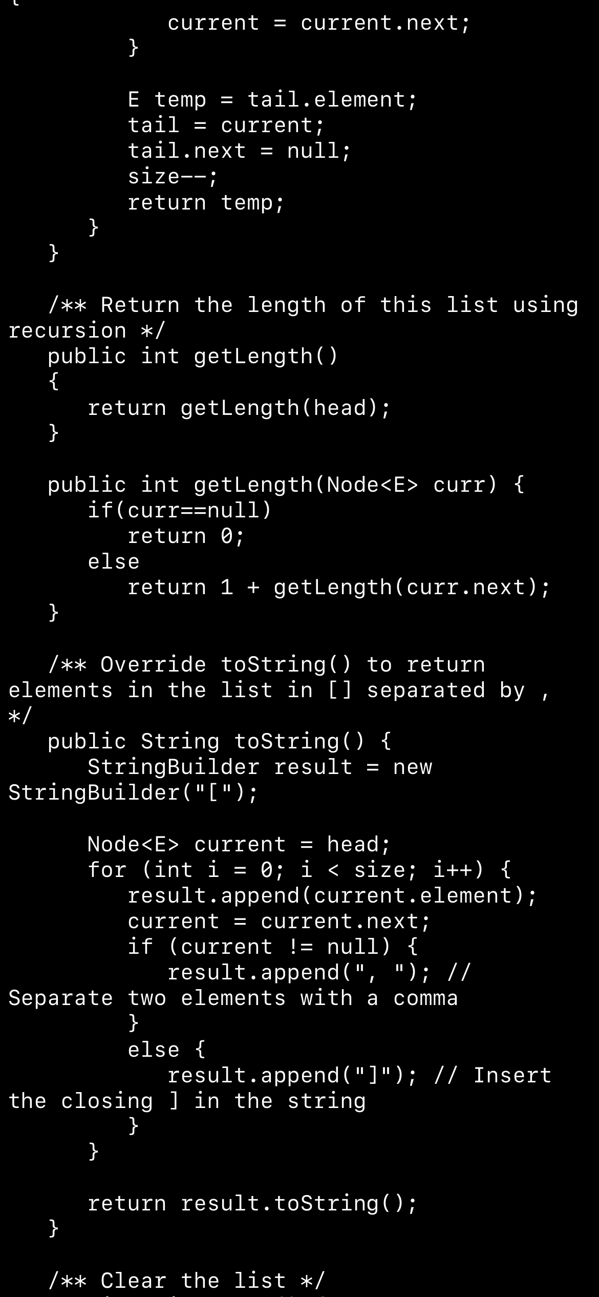 return result.tostring(); \} /** Clear the list ∗/ | Chegg.com