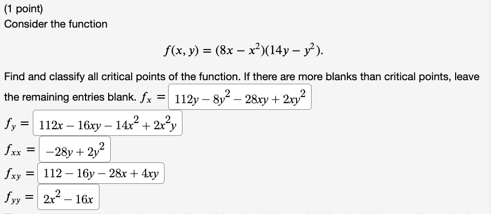Solved 1 Point Consider The Function F X Y 8x