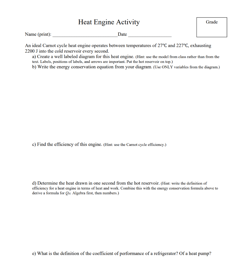 Solved Heat Engine Activity Grade Name (print): Date An | Chegg.com