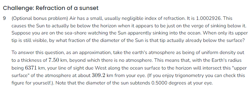 Solved Challenge: Refraction of a sunset9 (Optional bonus | Chegg.com