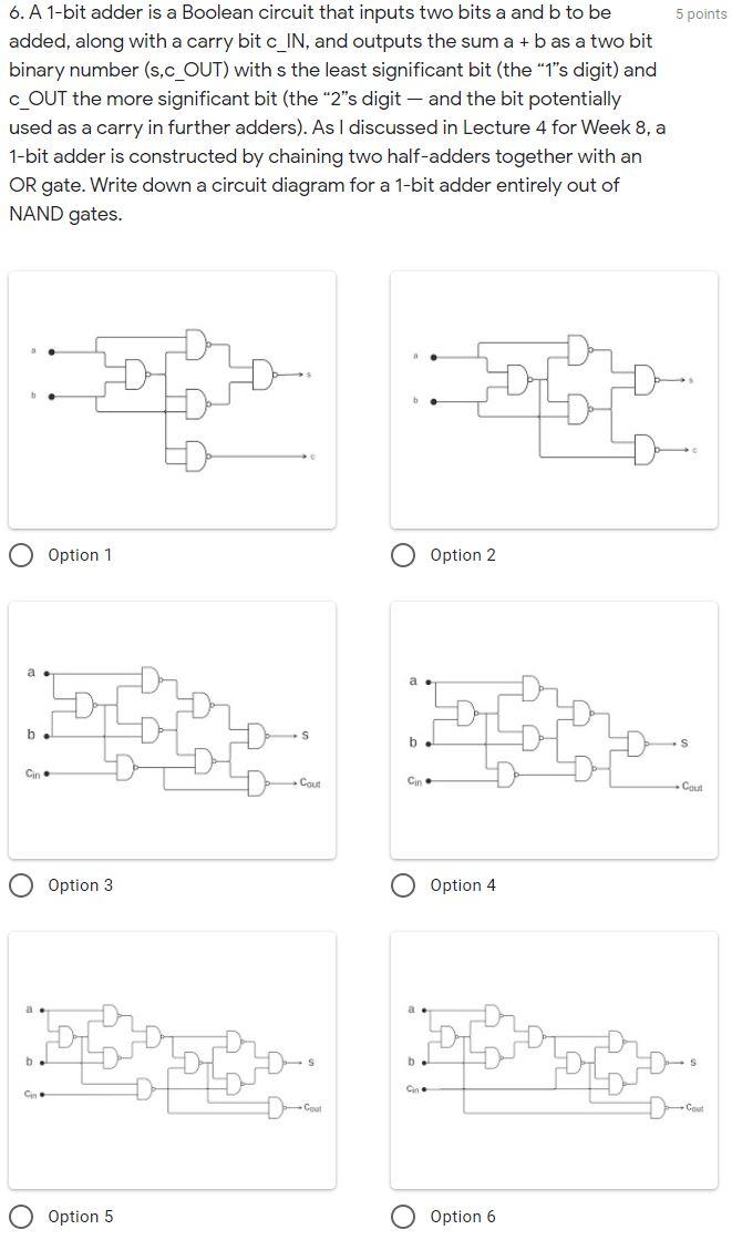Solved 5 points 6. A 1-bit adder is a Boolean circuit that | Chegg.com