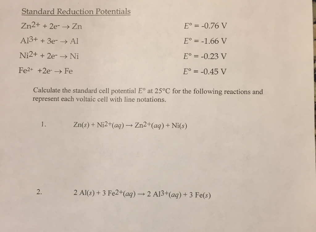 Solved Standard Reduction Potentials Zn2+ + 2e- → Zn A13+ + | Chegg.com