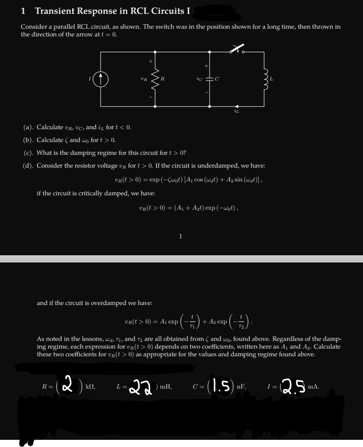 Solved Consider a parallel RCL circuit, as shown. The switch | Chegg.com
