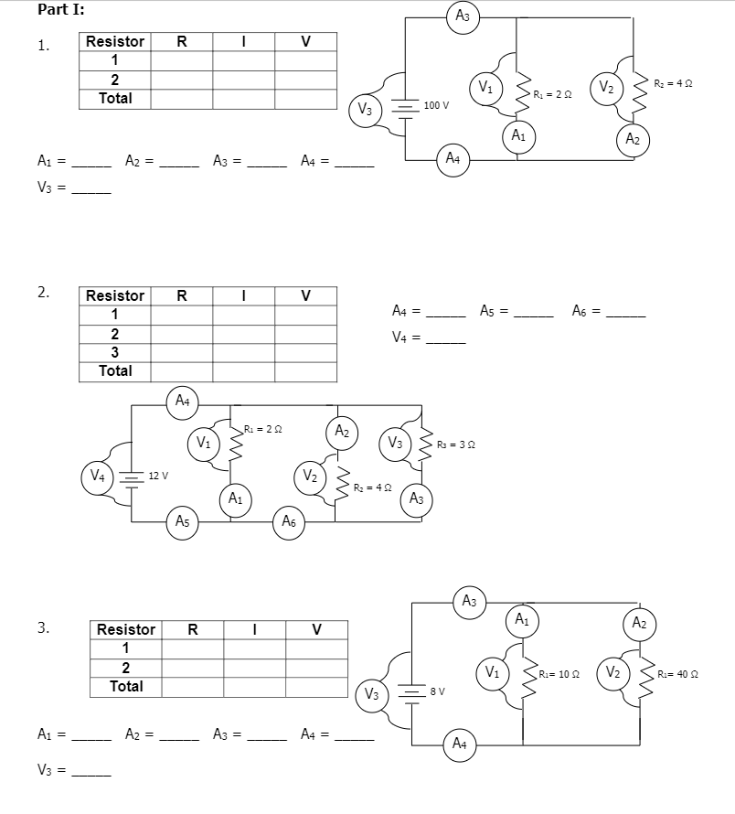 Solved Part I: A3 1. R 1 V Resistor 1 2 Total V1 V2 R2 = 42 | Chegg.com