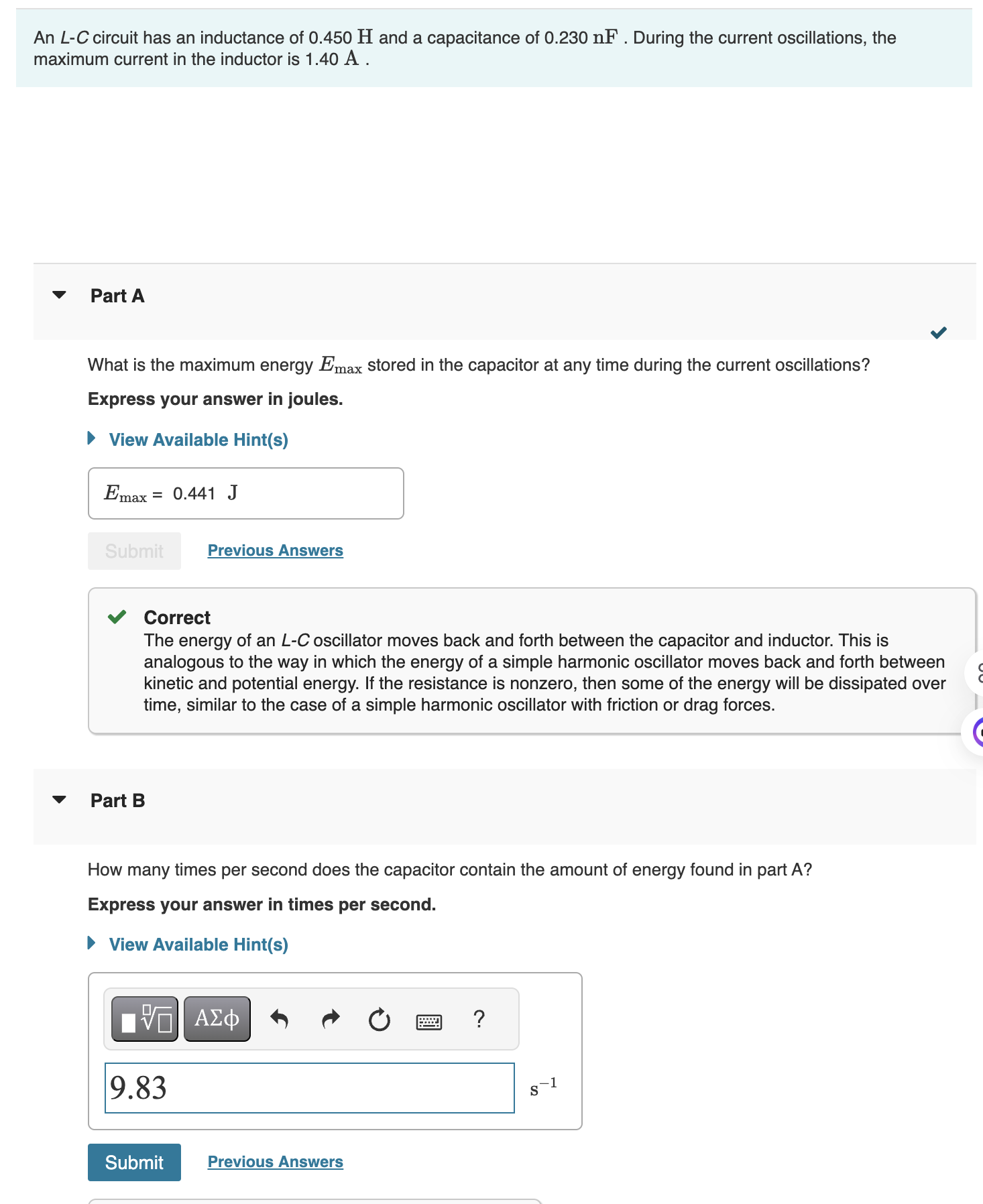 Solved An \( ﻿L-C \) ﻿circuit has an inductance of 0.450 ﻿H | Chegg.com