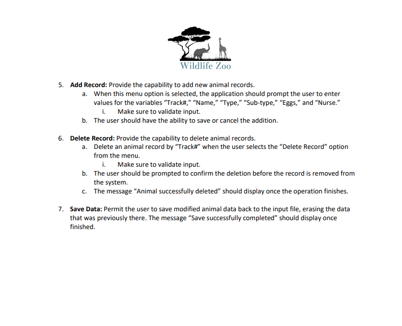 Wildlife Zoo CS 210 Wildlife Zoo Interface Guide | Chegg.com