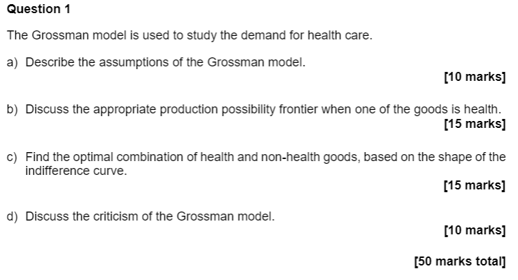 Solved Question 1 The Grossman model is used to study the | Chegg.com