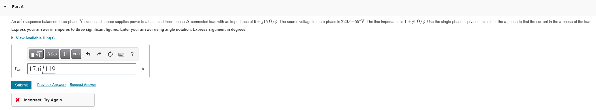 Solved Part A An acb sequence balanced three-phase | Chegg.com