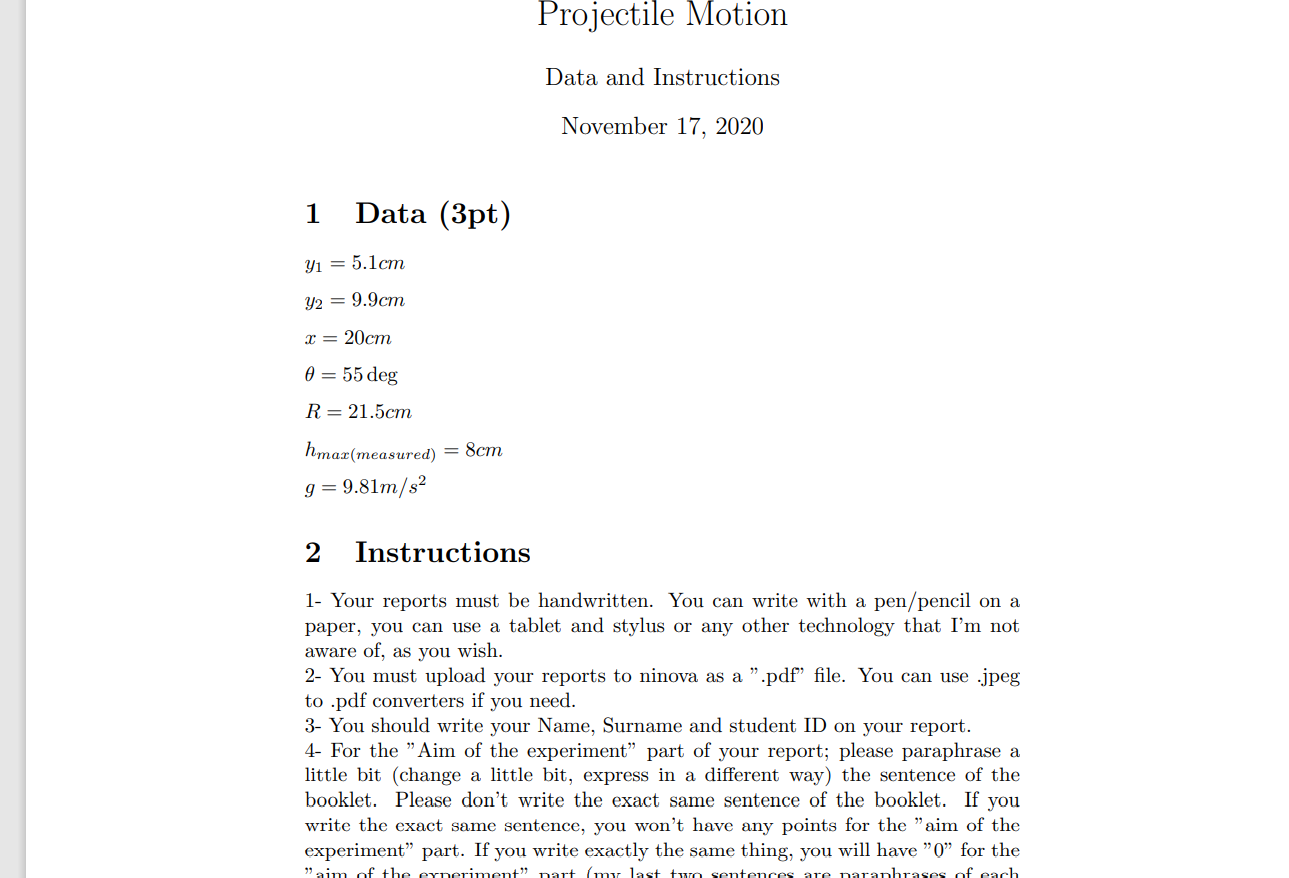 Projectile Motion Data and Instructions November 17, | Chegg.com