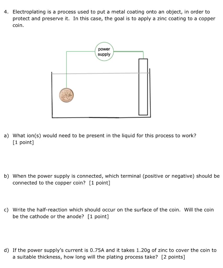 Solved 4. Electroplating is a process used to put a metal | Chegg.com