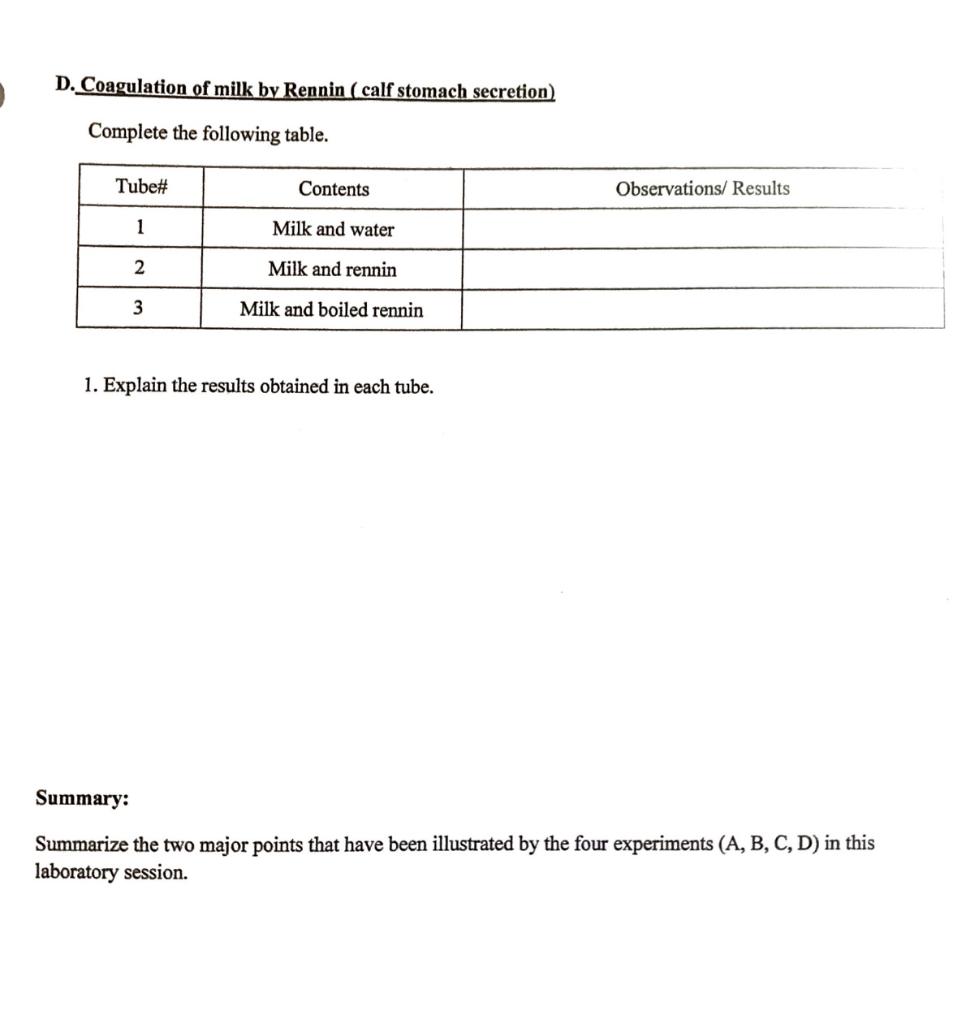 Solved D. Coagulation of Milk by Rennin (Calf Stomach | Chegg.com