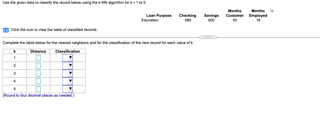 Solved Use the given data to classify the record below using | Chegg.com