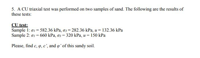 Solved 5. A CU triaxial test was performed on two samples of | Chegg.com