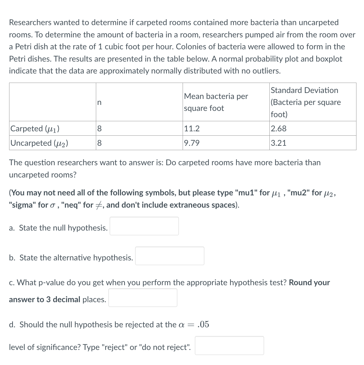 Solved Researchers wanted to determine if carpeted rooms | Chegg.com Solved Researchers wanted to determine if carpeted rooms | Chegg.com