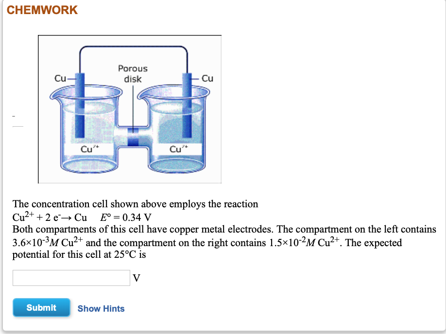 Solved CHEMWORK Porous disk Cu" The concentration cell shown | Chegg.com