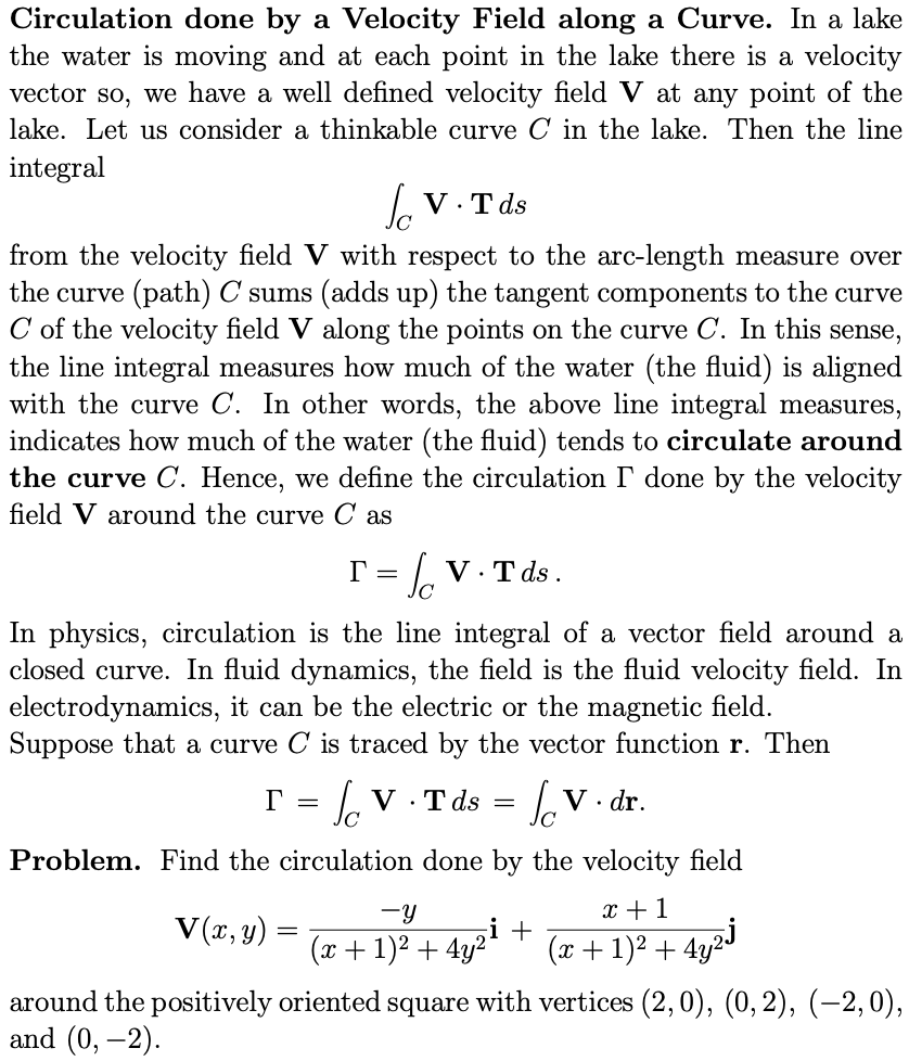 Solved Circulation done by a Velocity Field along a Curve. | Chegg.com