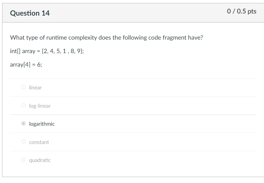 Question 14 0/0.5 pts What type of runtime complexity | Chegg.com