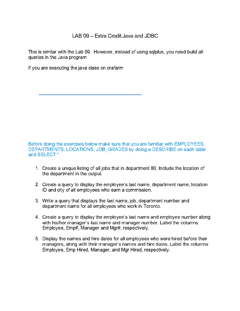 LAB 09 Extra Credit Java and JDBC This is similar | Chegg.com