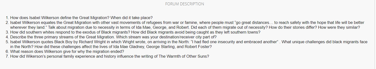 Solved FORUM DESCRIPTION 1. How does Isabel Wilkerson define | Chegg.com