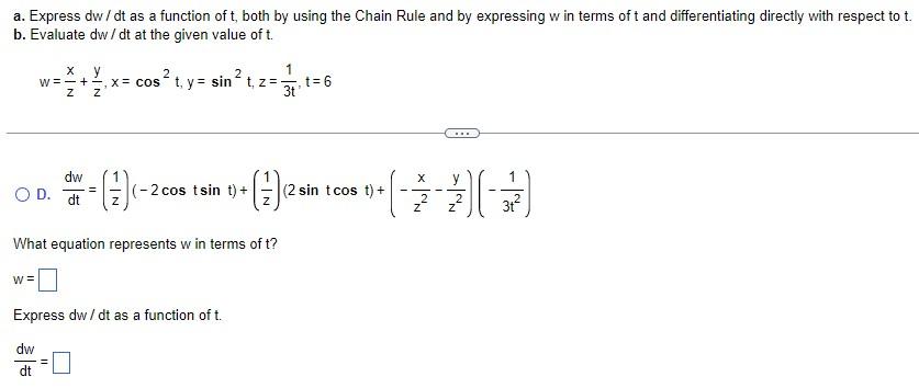Solved a. Express dw/dt as a function of t, both by using | Chegg.com