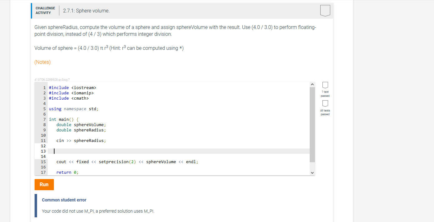 Solved CHALLENGE 2.7.1: Sphere volume. ACTIVITY Given | Chegg.com