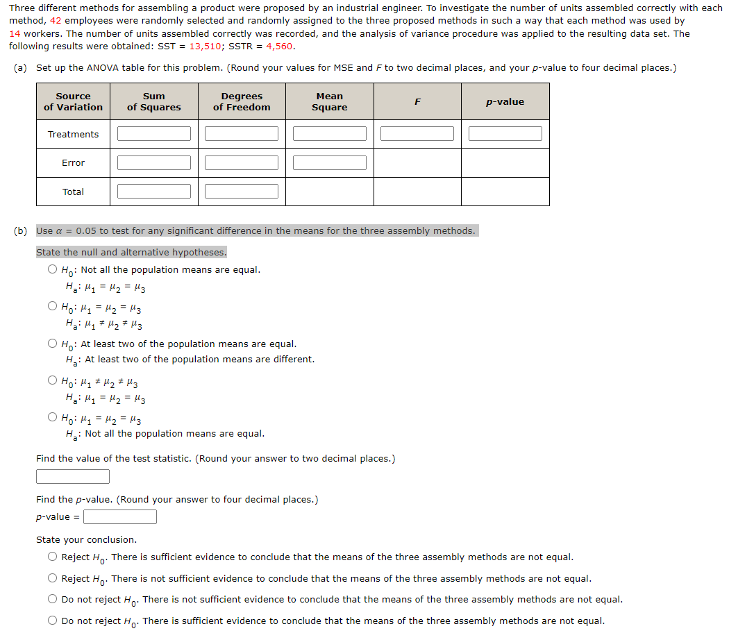 Solved Three different methods for assembling a product were | Chegg.com