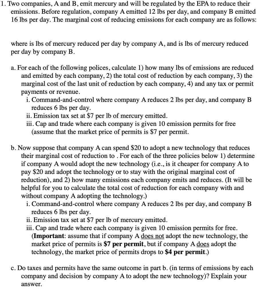 1. Two companies, A and B, emit mercury and will be | Chegg.com