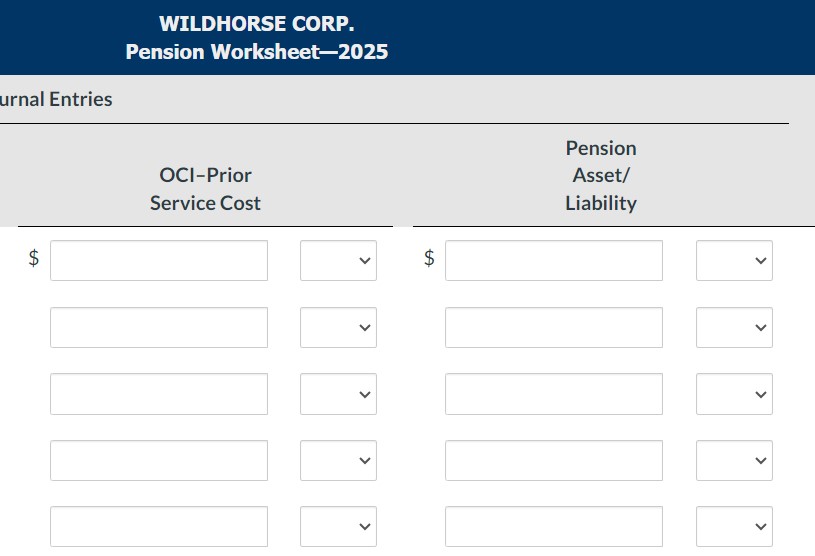 Solved For 2025, prepare a pension worksheet for Wildhorse | Chegg.com