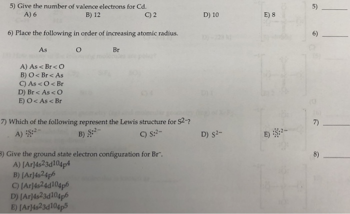 Solved 5) Give the number of valence electrons for Cd. C) 2 | Chegg.com