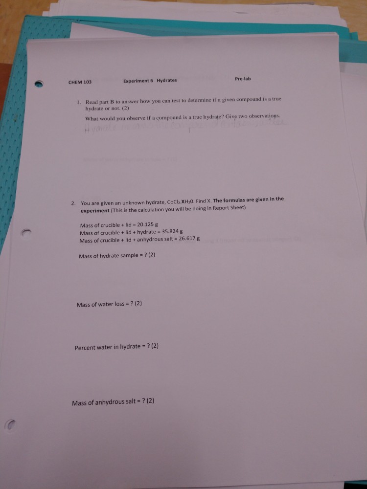 Solved CHEM 103 Experiment 6 Hydrates Pre-lab 1. Read pa rt | Chegg.com
