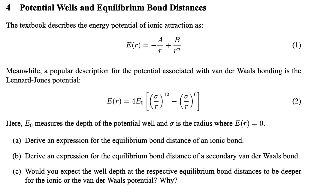 Solved 4 Potential Wells and Equilibrium Bond Distances The | Chegg.com