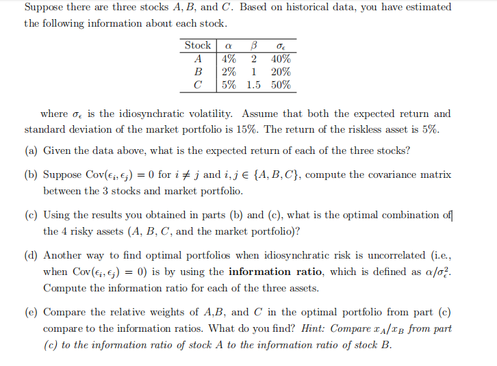 Solved Suppose there are three stocks A,B, and C. Based on | Chegg.com
