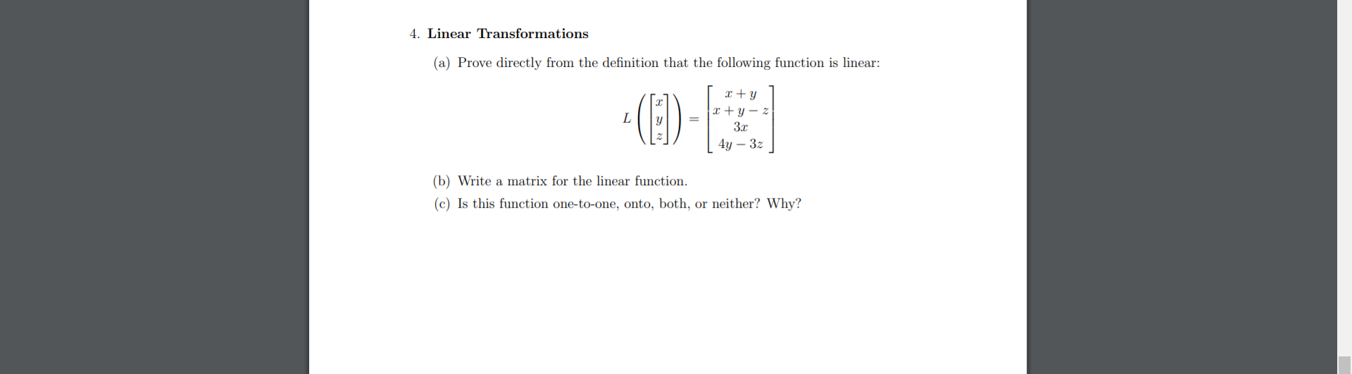 Solved 4. Linear Transformations (a) Prove directly from the | Chegg.com