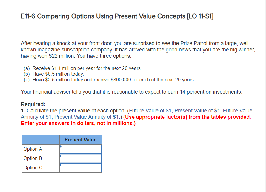 Solved E11-6 Comparing Options Using Present Value Concepts | Chegg.com