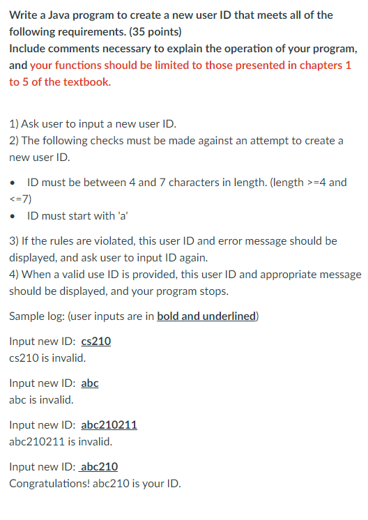 Solved Write a Java program to create a new user ID that | Chegg.com