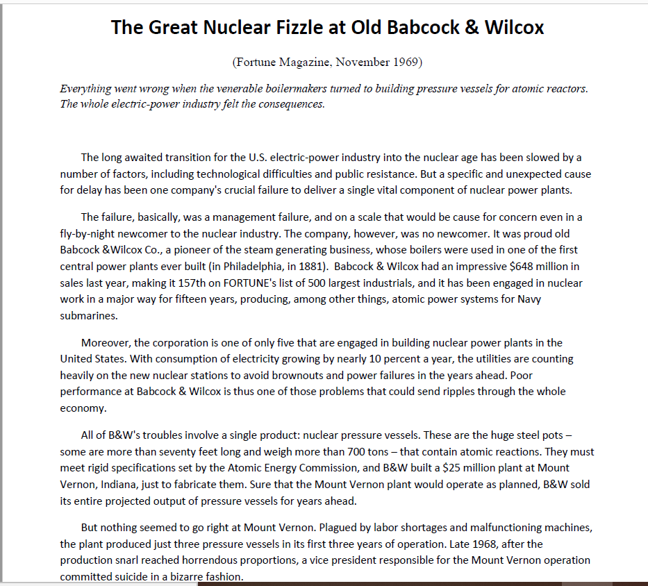 Solved The Great Nuclear Fizzle at Old Babcock & Wilcox | Chegg.com
