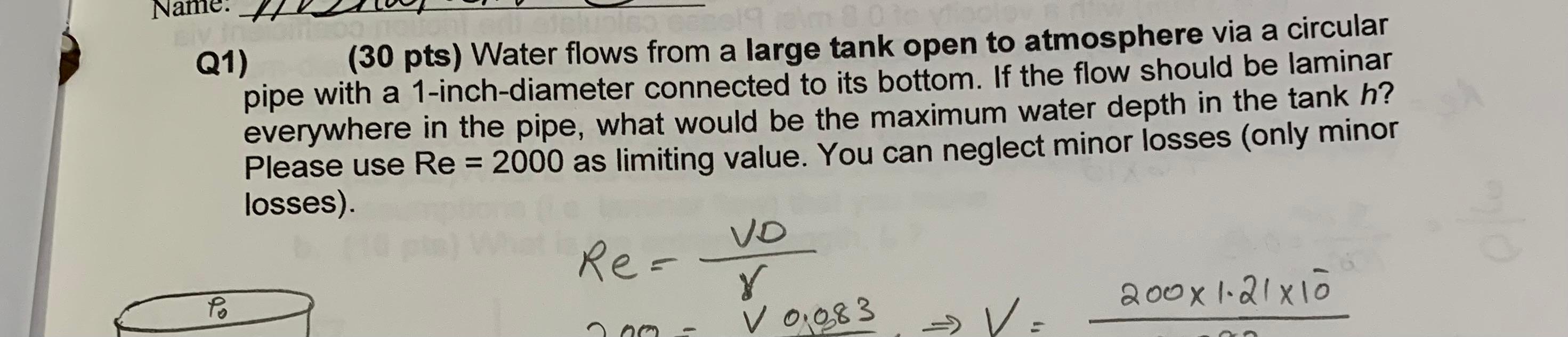 Solved Q1) (30 pts) Water flows from a large tank open to | Chegg.com